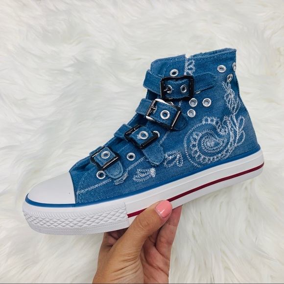 Shoes | Denim Buckle High Top Sneaker | Poshmark